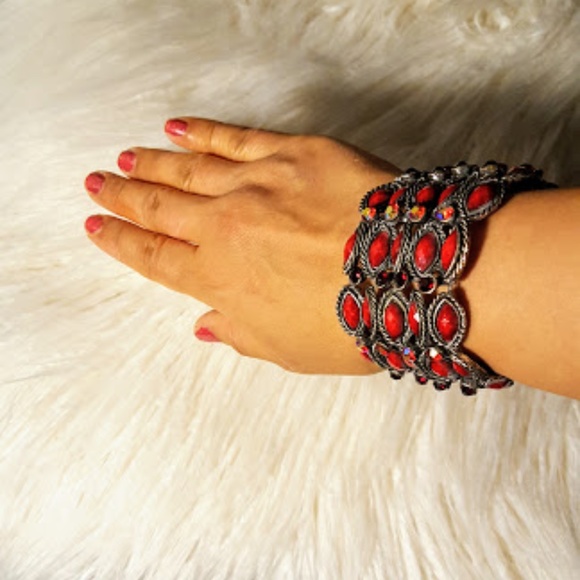 Jewelry | Red Cuff Metal Cuff Rhinestone Bracelet | Poshmark